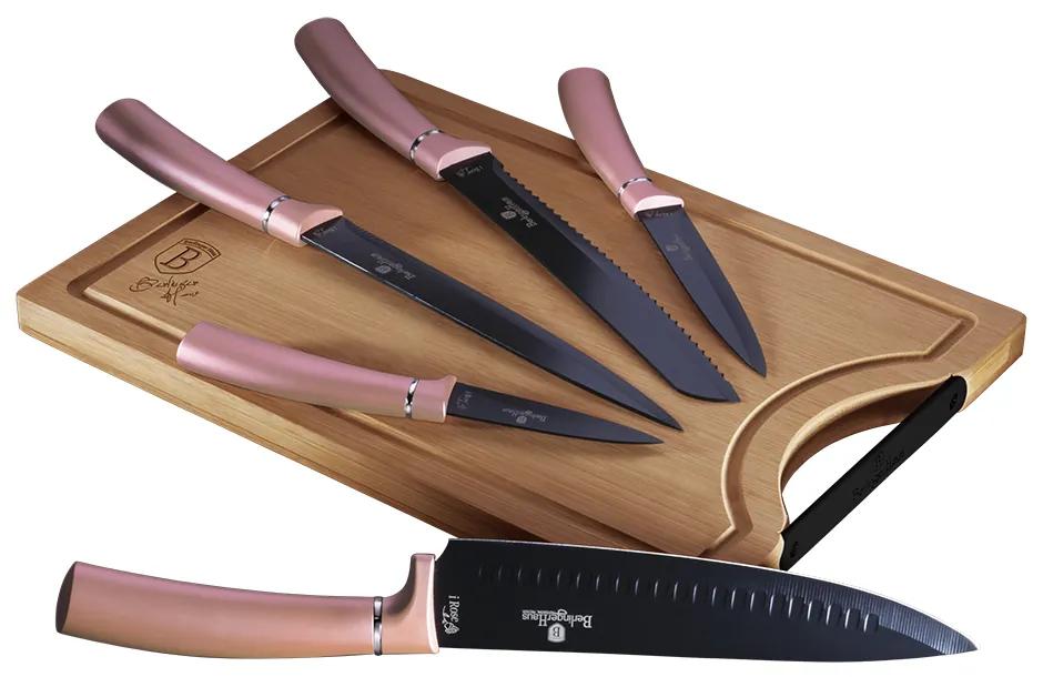 6dílná sada kuchyňských nerezových nožů s deskou na krájení PINK 19960