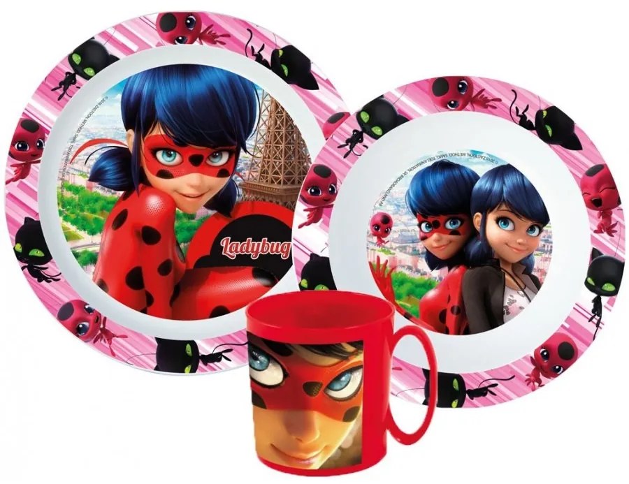 Souprava plastového nádobí Kouzelná beruška / Miraculous Ladybug s hrnkem - 3 díly