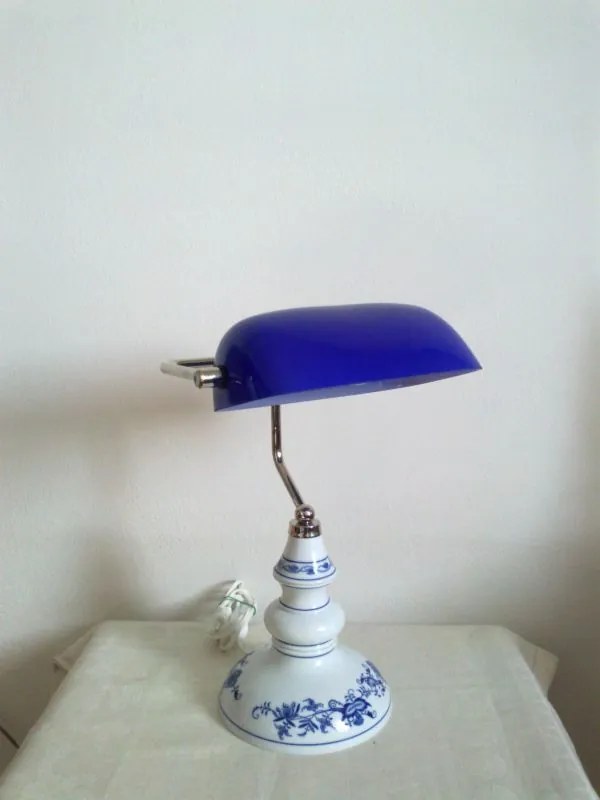 Lampa cibulák bankovní - originální porcelán Dubí - modrá (bank lampa modrá)