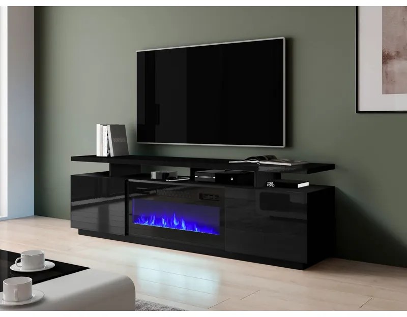 TV skříňka Aniceto s krbem, Osvětlení: osvětlení LED, Barva: bílá / bílá lesk, Krb: bílý