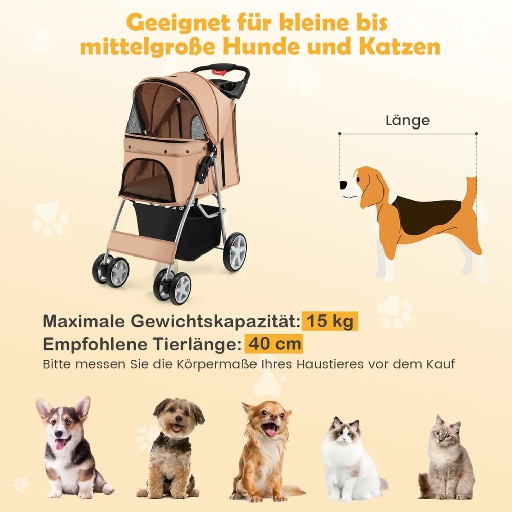 Costway Kočárek pro psy mazlíčky buggy do 15 kg – 81 × 45 × 101 cm, béžový
