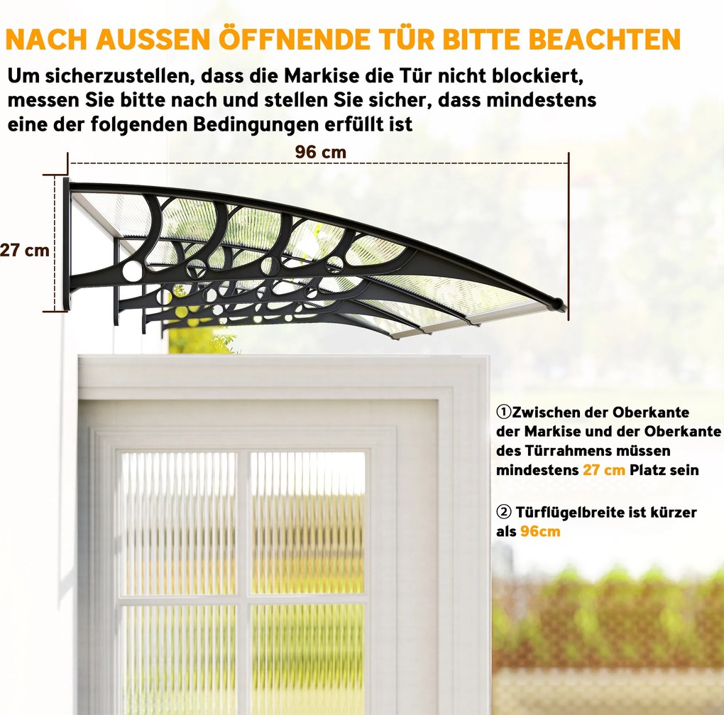 Outsunny Plachta Křídla pro Přední Dveře 303 x 96 x 27 cm s Ochrannou proti UV, Ochrana proti dešti, Slunečník pro Venkovní Použití, Hliník Černý