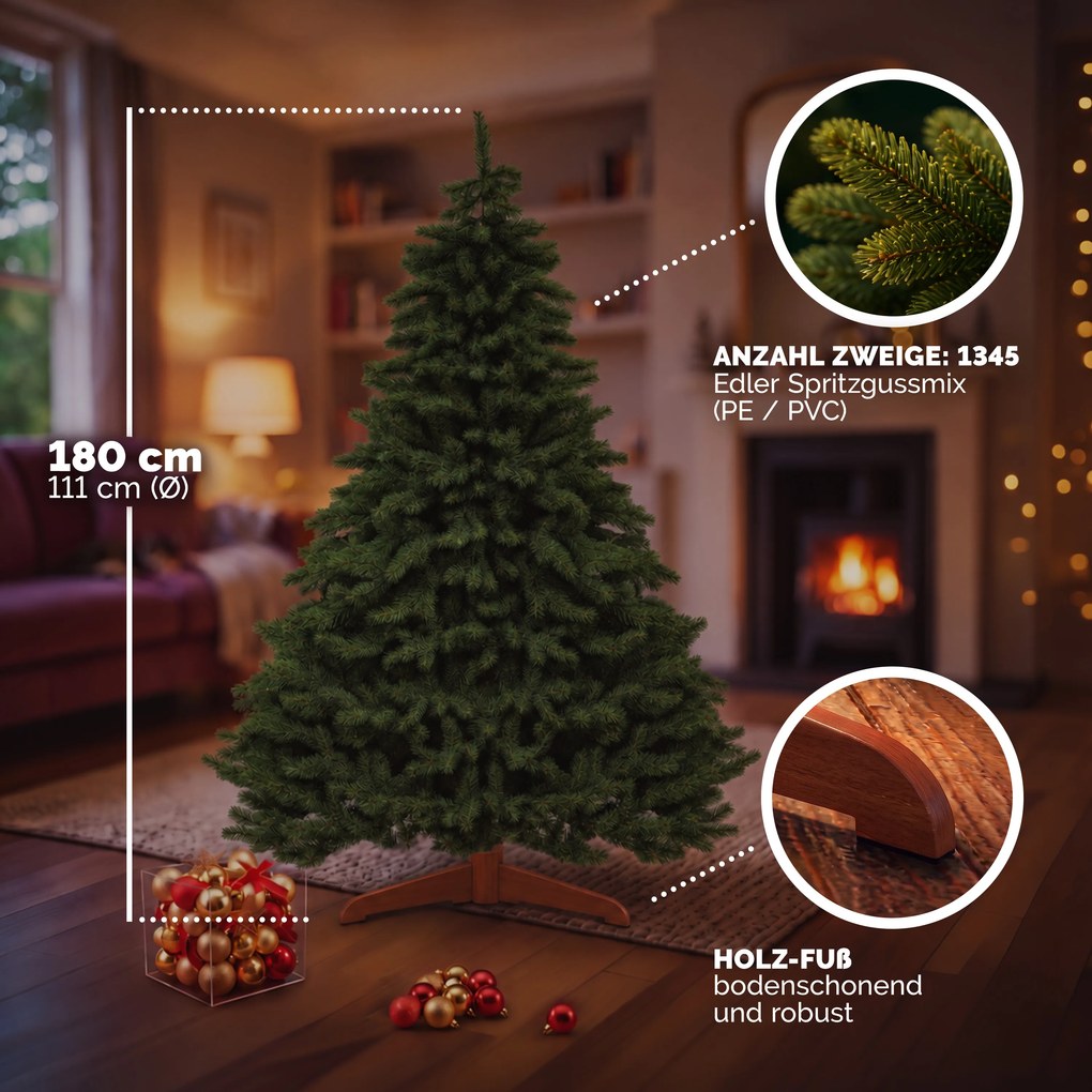 Umělý Vánoční stromek Premium 180cm s Světelný řetěz dřevěný stojan FSC®