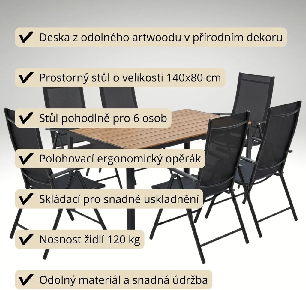 Vikio Zahradní set 140x80 pro 6 osob skládací židle V136-P2 přírodní