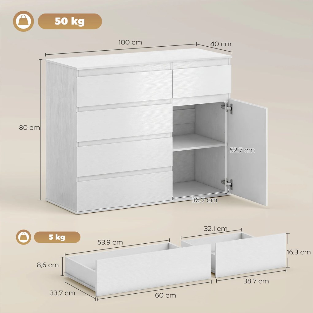 HOMCOM Komoda, úložná skříňka s 5 zásuvkami, nastavitelným prostorem a dvířky s tichým dovíráním, 100 x 40 x 80 cm, bílá