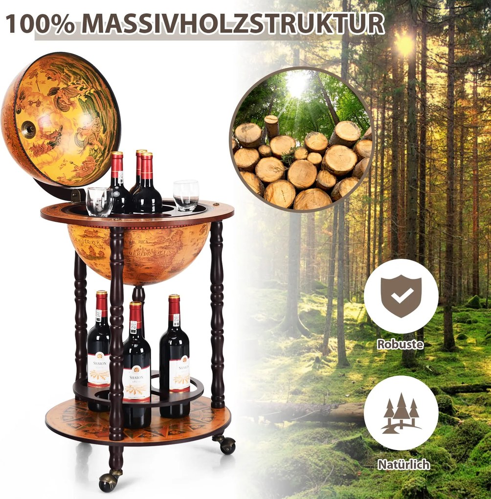 Costway Stojan na víno Rolling Globe Bar na kolečkách na víno, hnědý