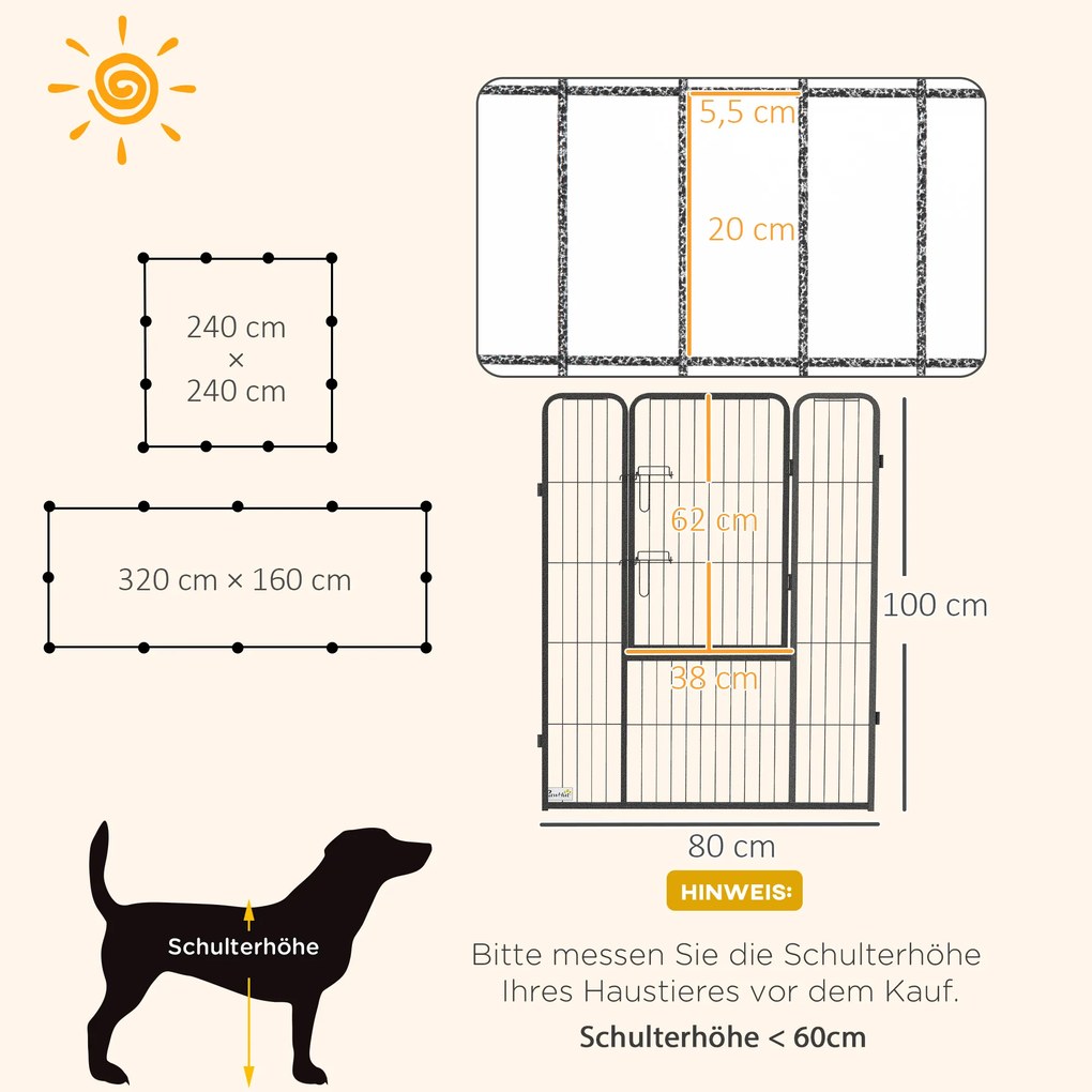 Ohrádka pro štěňata 12dílný výběh pro štěňata skládací se 2 dvířky 12 panelů z ocelové sítě, každý o rozměrech 80x100 cm šedá