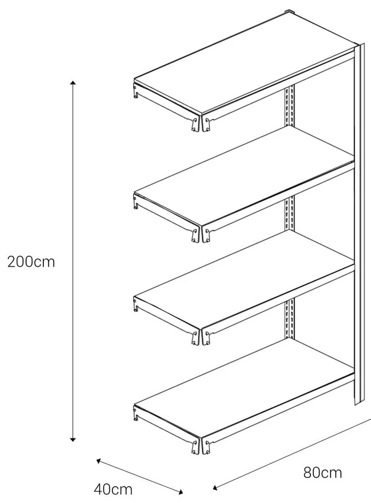 Bezšroubové kovové regál přídavný modul 200x80x40cm T profil, 4 police