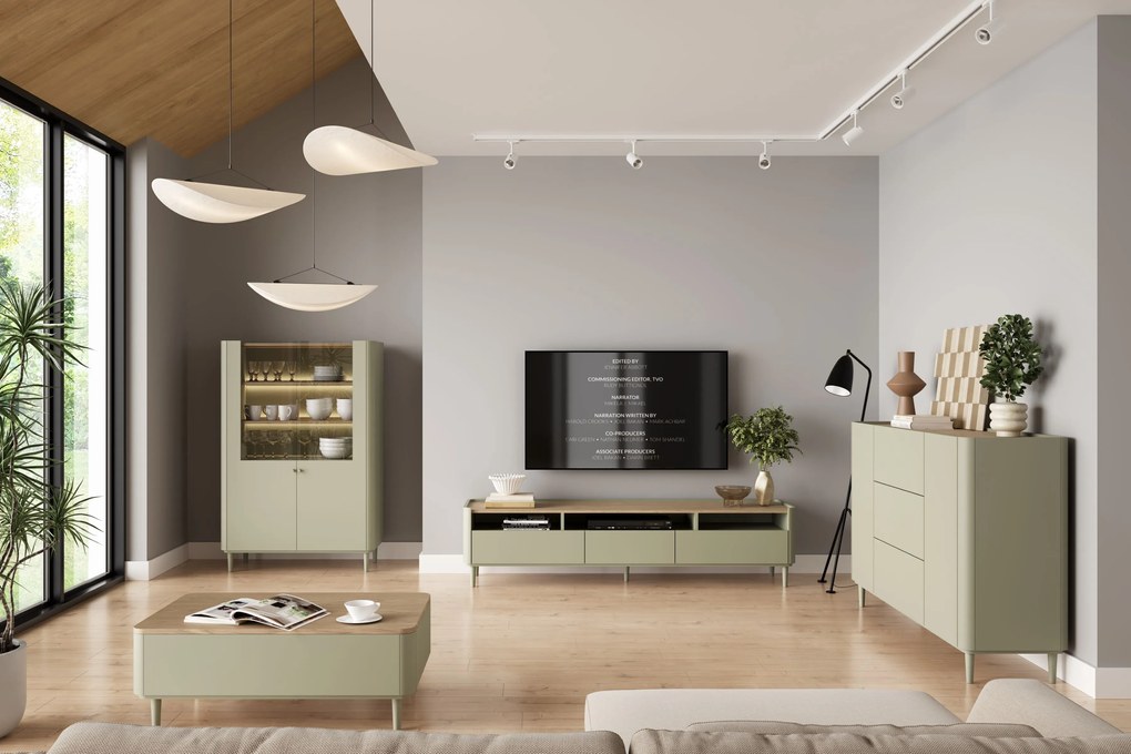 Komoda Elivo 150 cm na nožkách - eukalyptus / dub baltic dune