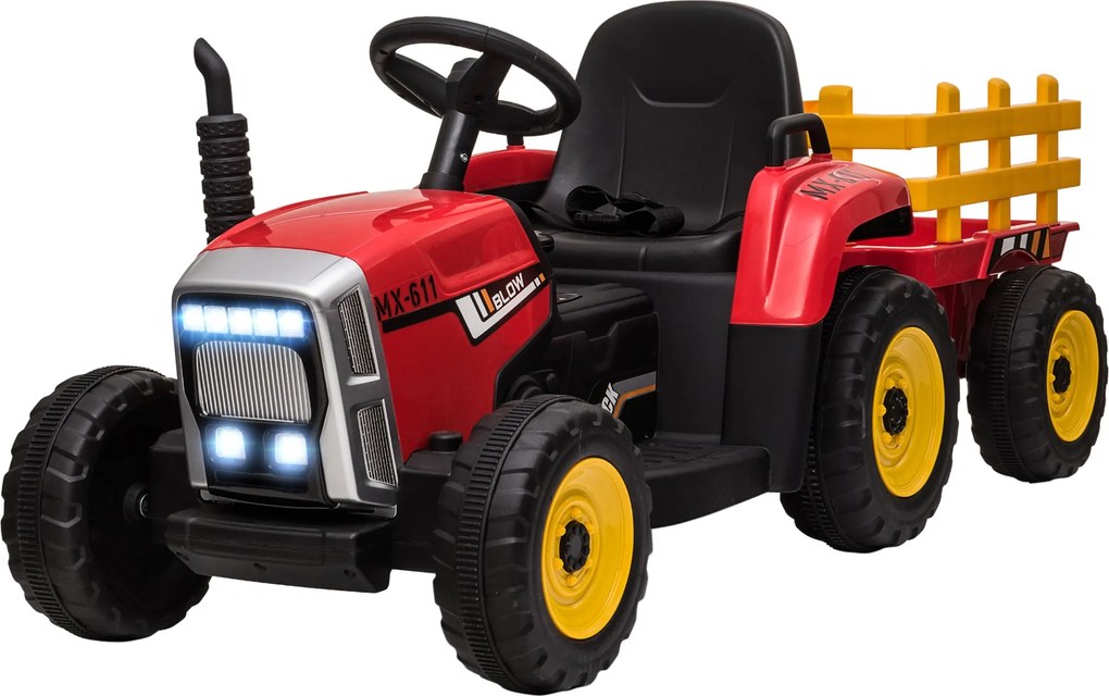 HOMCOM Elektrický traktor s přívěsem, Dětský traktor na ovládání s dálkovým ovládáním, Dětské elektrické auto s funkcí MP3, Dětské vozidlo s předními