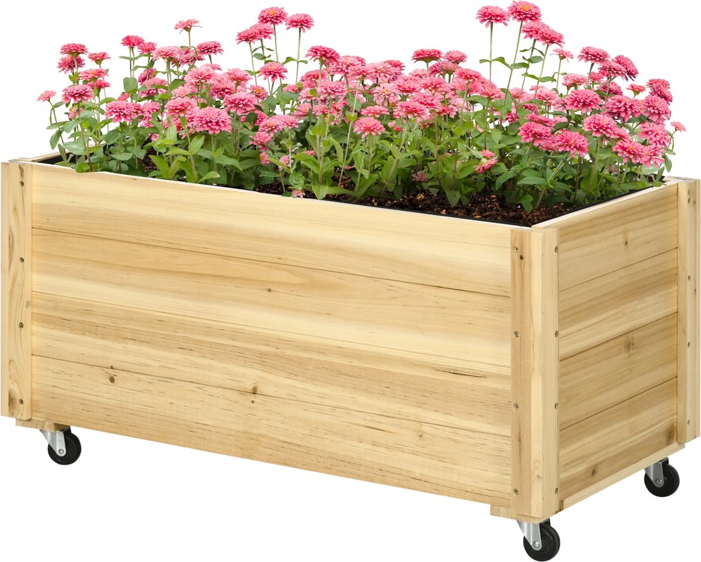 Dřevěný květináč s kolečky Outsunny pro zahradu s drenážními otvory a netkanou textilií pro pěstování květin a rostlin na balkóně nebo terase 89x48x47
