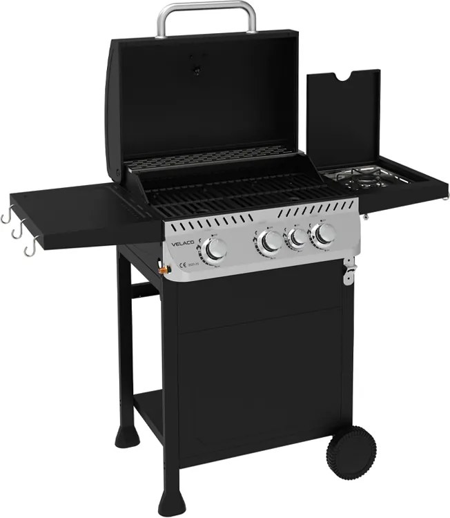 Velaco Plynový BBQ gril s boční plotýnkou, poličkou a krycí plachtou - APOLLO-B, 3+1 hořák