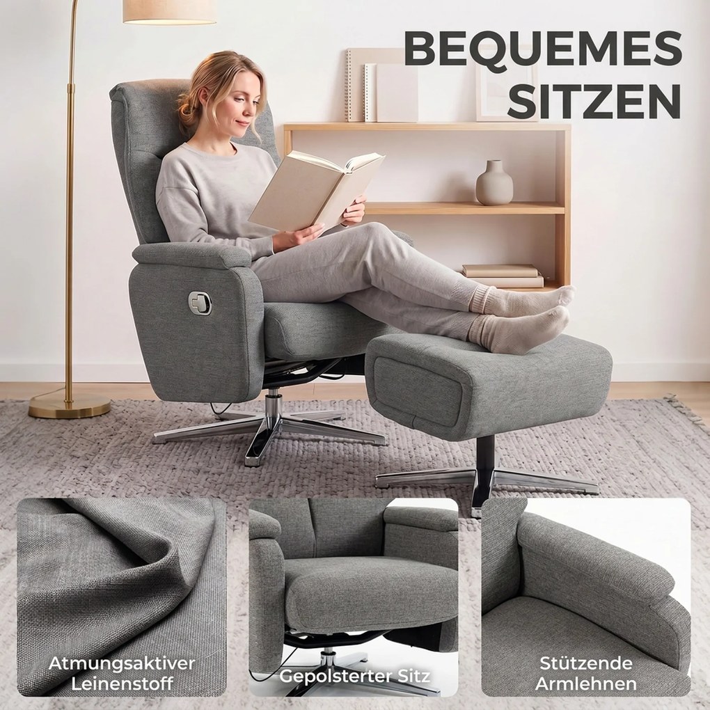 HOMCOM Relaxační křeslo manuálně nastavitelné, lounge křeslo s podnožkou, tmavě šedá