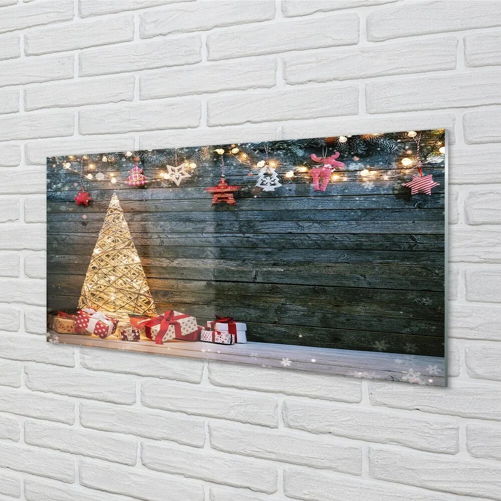 Obraz na skle Dárky Vánoční strom dekorace desky 140x70 cm