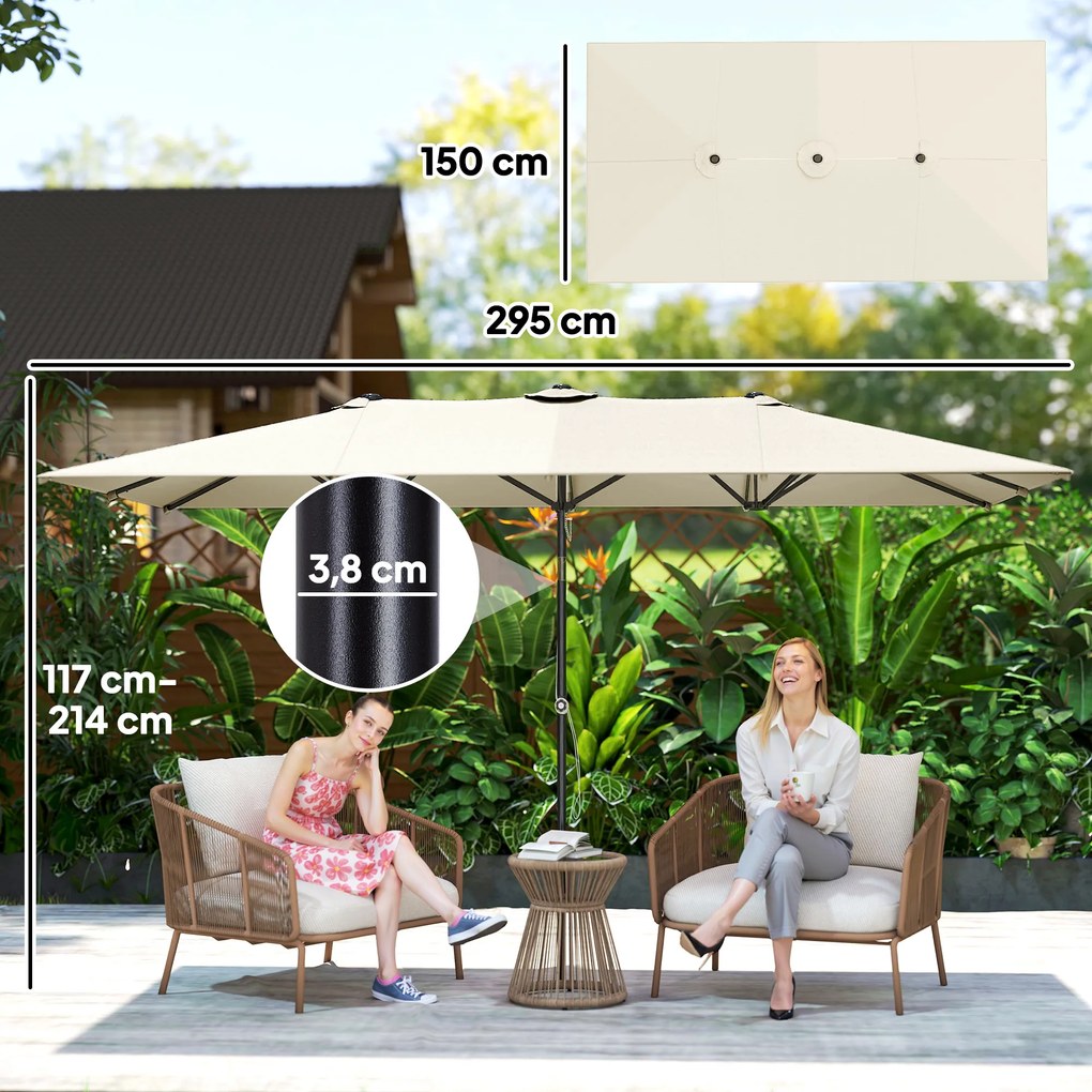 Slunečník Outsunny 150 x 295 cm dvojitý slunečník s nastavitelným úhlem sklonu, tržní slunečník na terasu z polyesteru v krémové barvě | Aosom.de