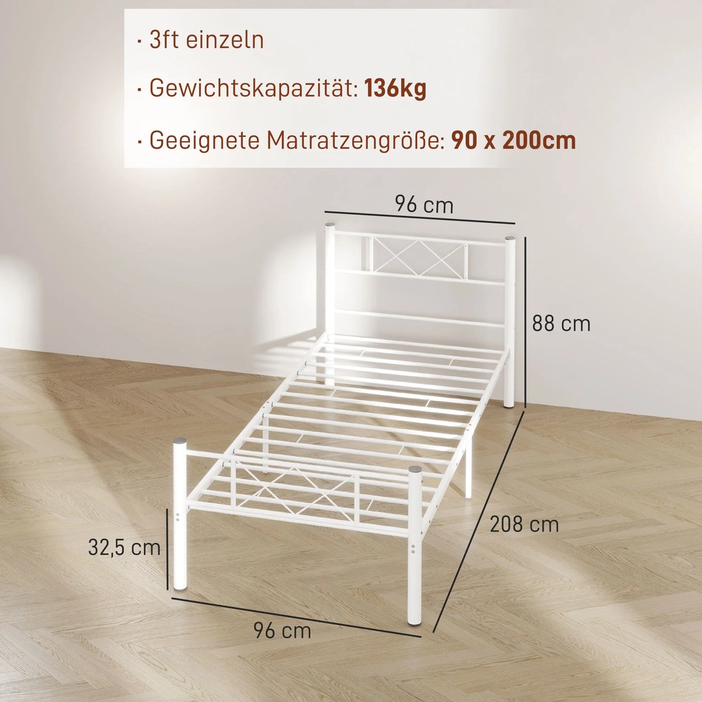 Rám postele HOMCOM pro matraci 200 x 90 cm, 88 cm vysoký jednolůžkový rám z oceli, pro ložnici či pokoj pro hosty, Bílý