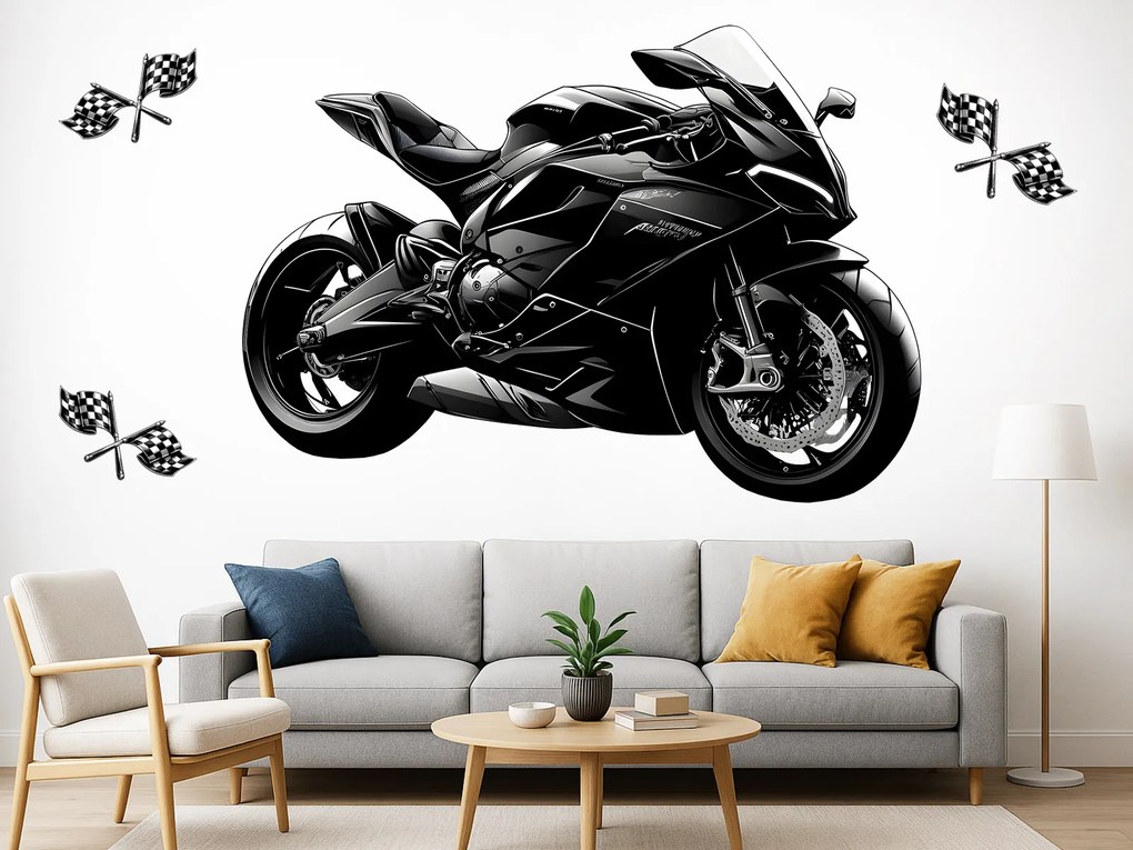 Černá motorka textilní přelepitelná samolepka na zeď arch 75 x 53 cm