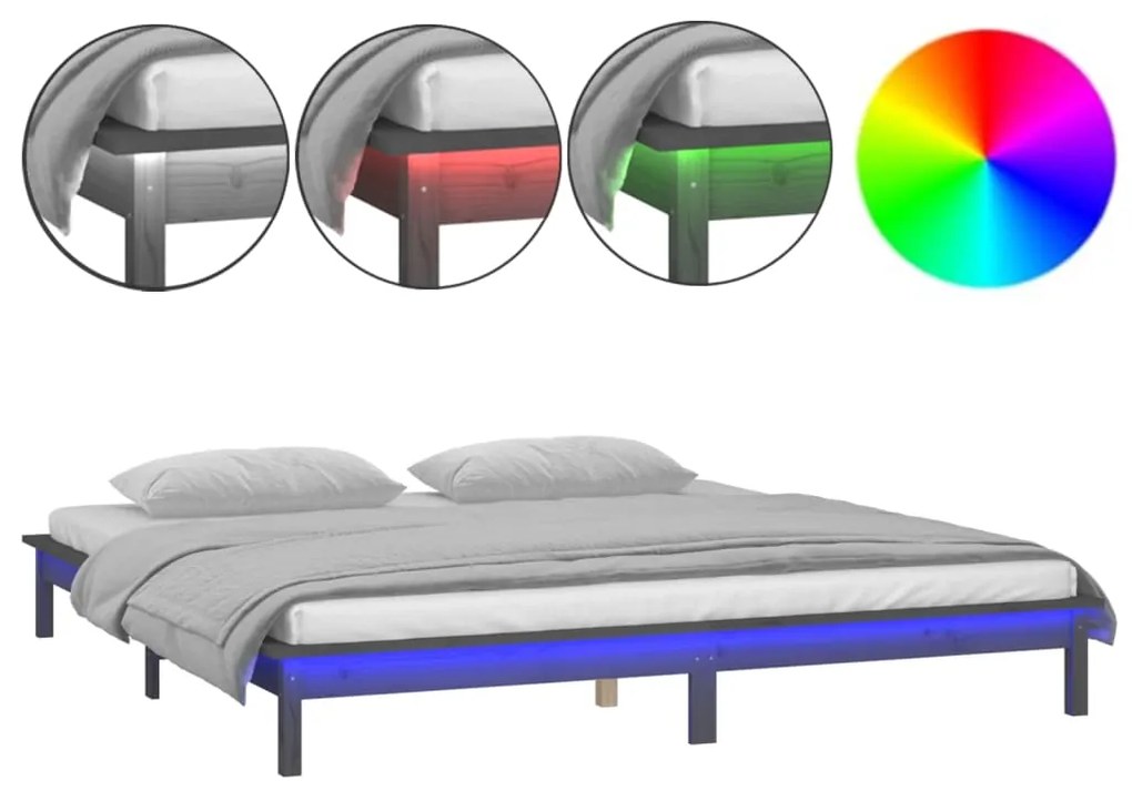 820618 vidaXL Rám postele s LED světlem šedý 160 x 200 cm masivní dřevo
