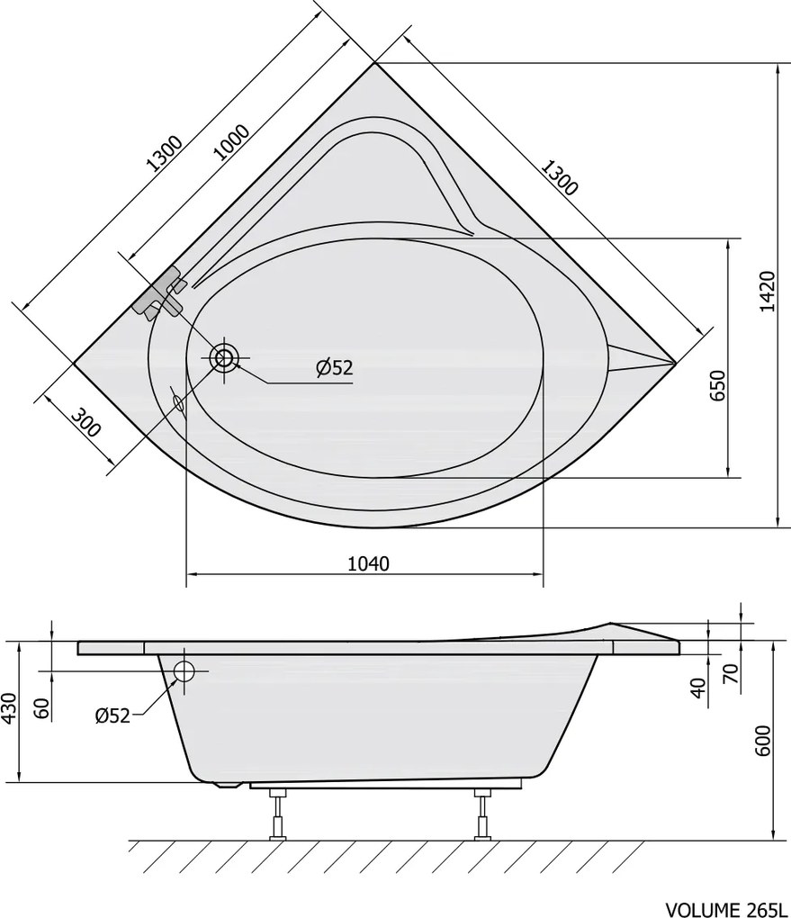 Polysan, SIRIUS rohová vana 130x130x45cm, bílá, 49111