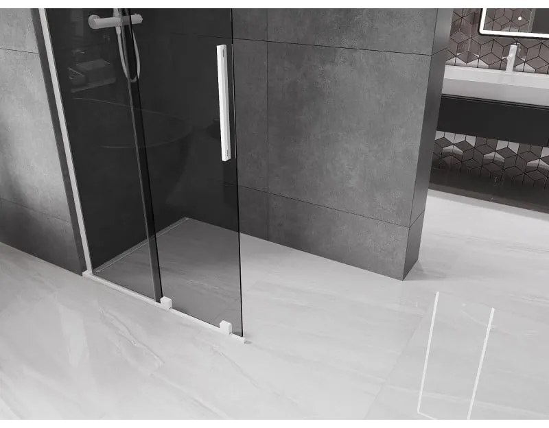 Mexen Velar L, posuvná sprchová zástěna Walk-in 100 x 200 cm, 8mm šedé sklo, bílá matná, 871-100-003-43-20