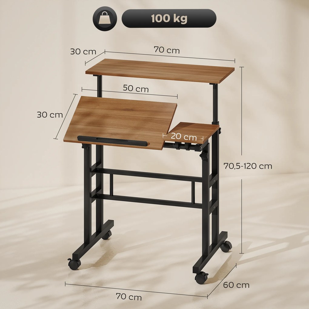 HOMCOM sedací‑stojací stůl 70 x 60 cm – výškově nastavitelný, s kolečky a naklápěcí deskou stolu, hnědý