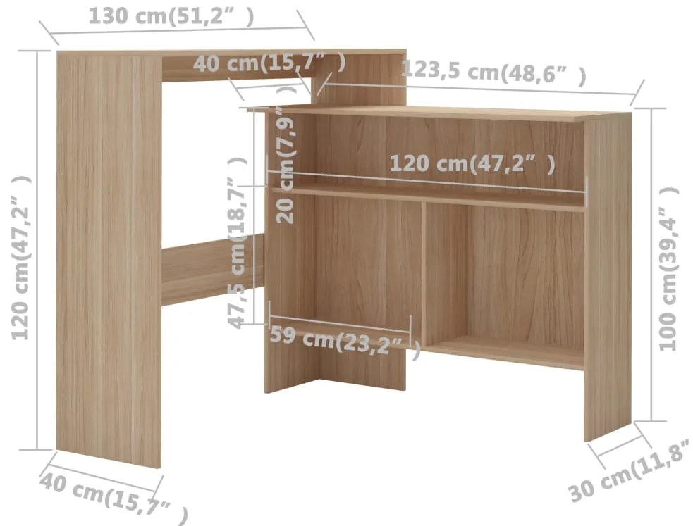 vidaXL Marketos Barový stůl se 2 stolními deskami dub 130 x 40 x 120 cm