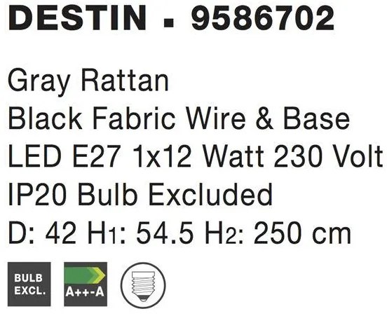Nova Luce Závěsné svítidlo DESTIN železo a ratan, šedá barva E27 1x12W