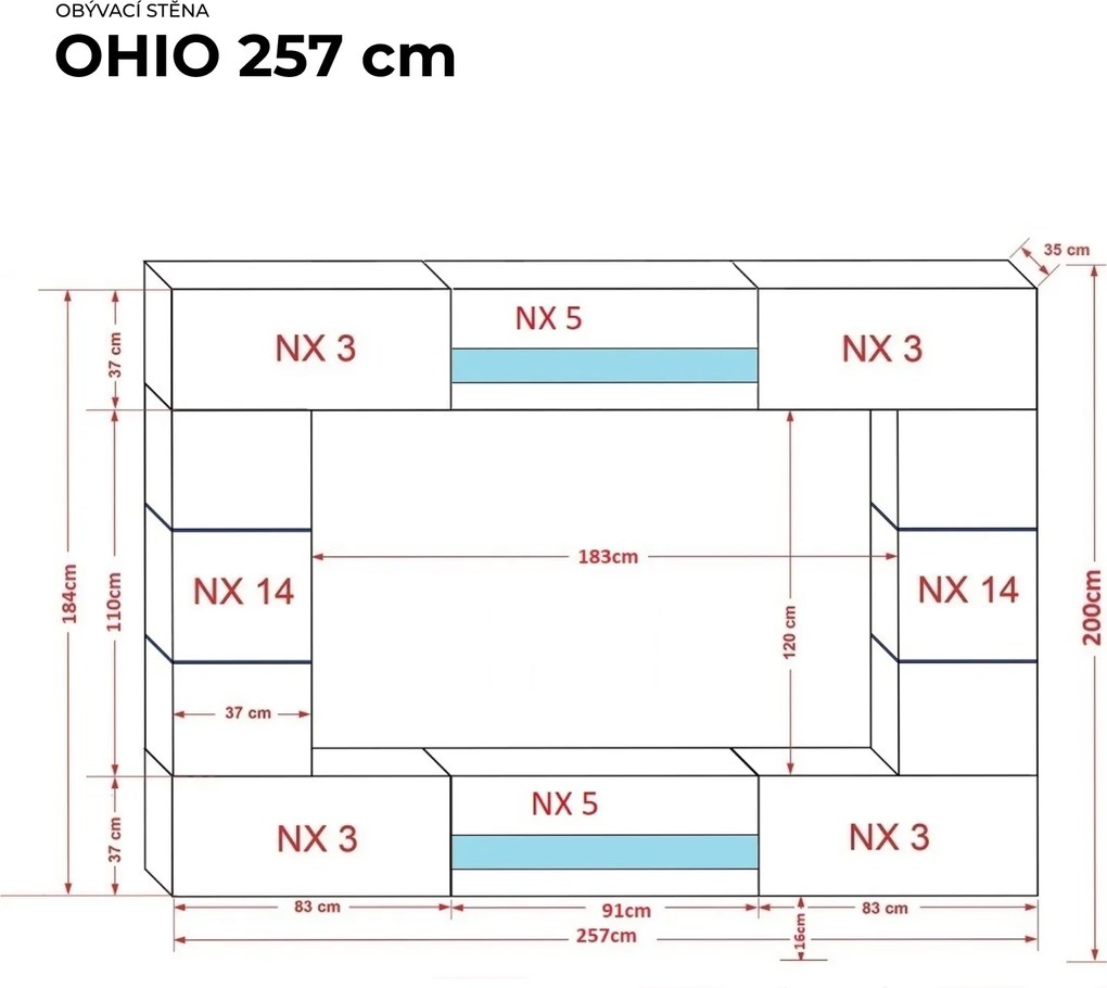 Ral Obývací stěna OHIO 2, 257 cm - Bílý lesk