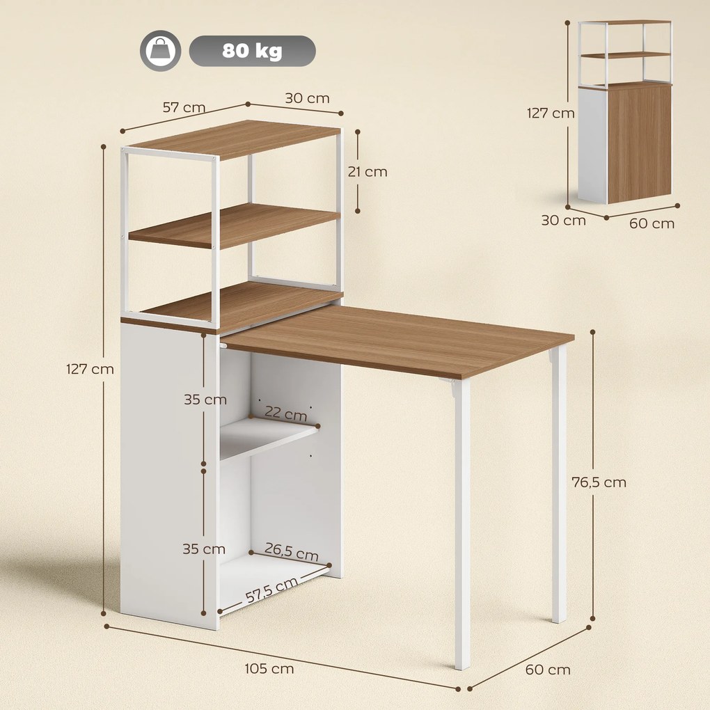 HOMCOM Skládací psací stůl, kuchyňský stůl se 4 policemi, počítačový stůl, pracovní stůl, stůl pro notebook 105 x 60 x 127 cm, přírodní dřevo