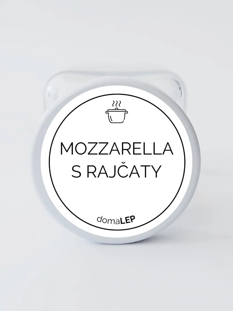 Samolepka na kořenky MOZZARELLA S RAJČATY bílá 5 cm základní písmo