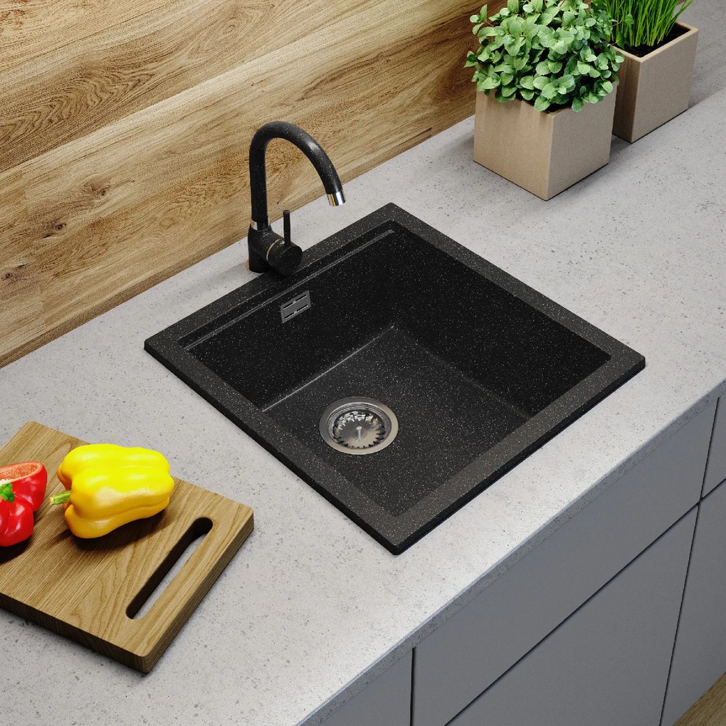 Gamma Decor 4850, 1-komorový granitový dřez 480x500x215 mm, černá skvrnitá, GMA-ZLE000176