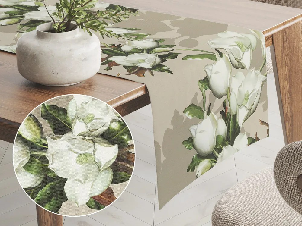 Biante Teflonový běhoun na stůl TF-063 Květy gardénie na hnědobéžovém 20x180 cm