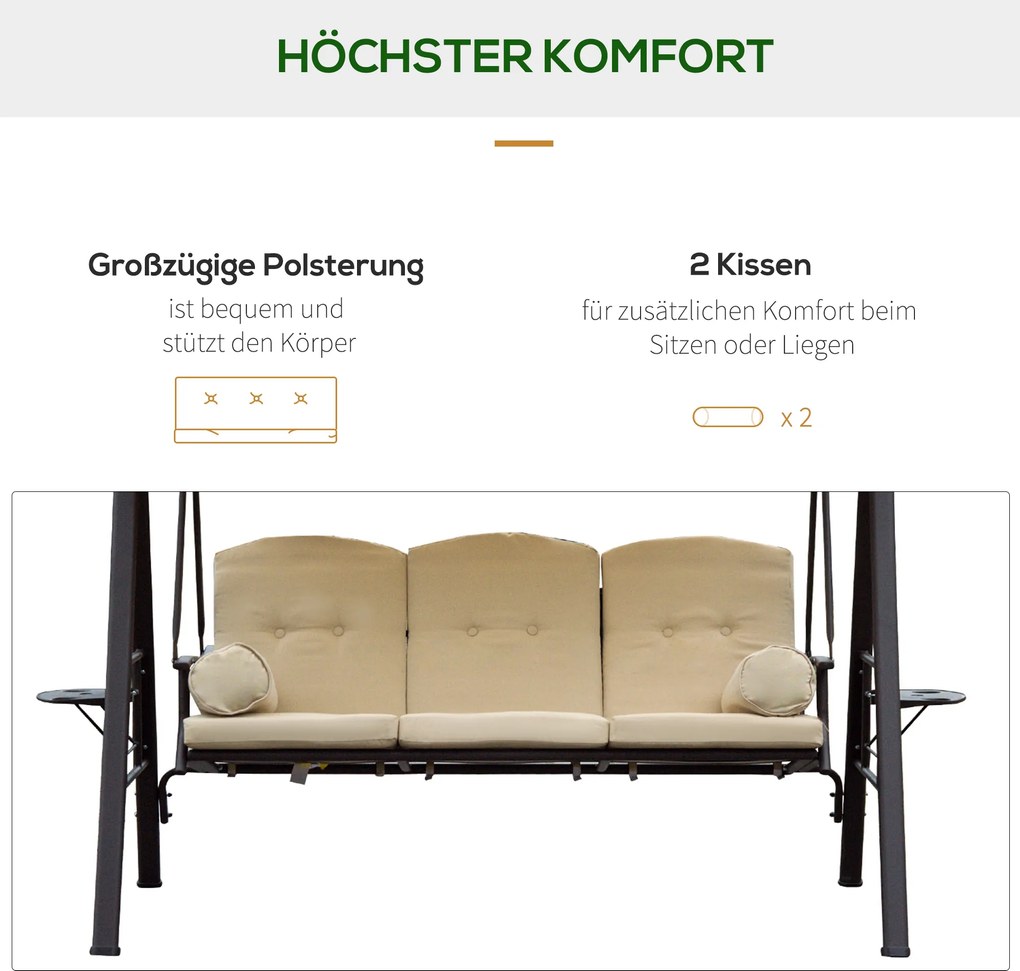 Outsunny 3místná hollywoodská houpačka zahradní houpačka se sluneční stříškou polštáře kov polyester béžová+hnědá 120 x 208 x 172 cm | Aosom
