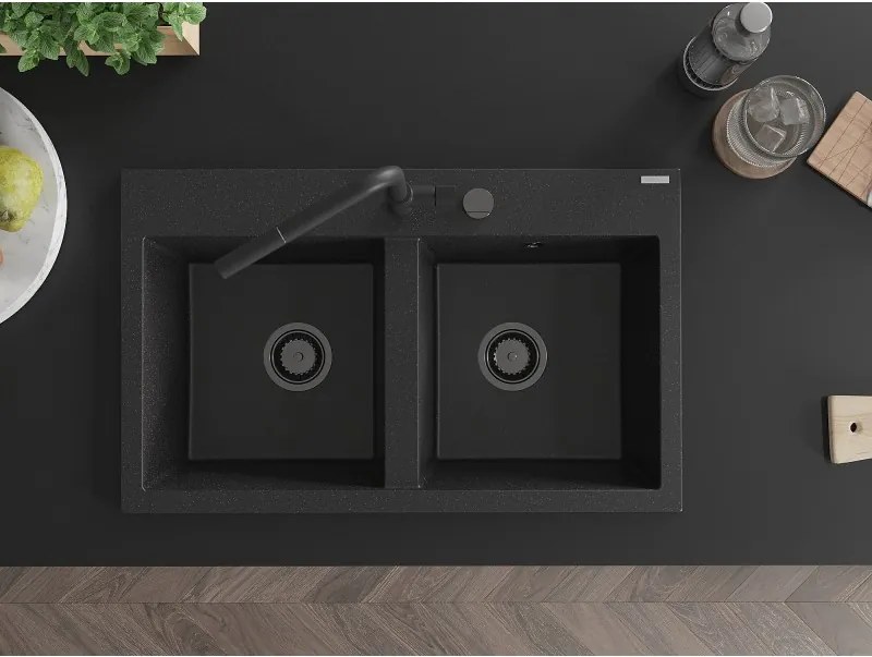 Mexen Hektor, 2-komorový granitový dřez 800x480x205 mm, černá-stříbrná metalíza, grafitový sifon, 6521802000-73-B