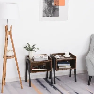 HOMCOM sada 2 stohovatelných nočních stolků, noční stolky z dřeva, odkládací stolek v industriálním stylu 46 x 35 x 52,5 cm hnědá rustikální a černá