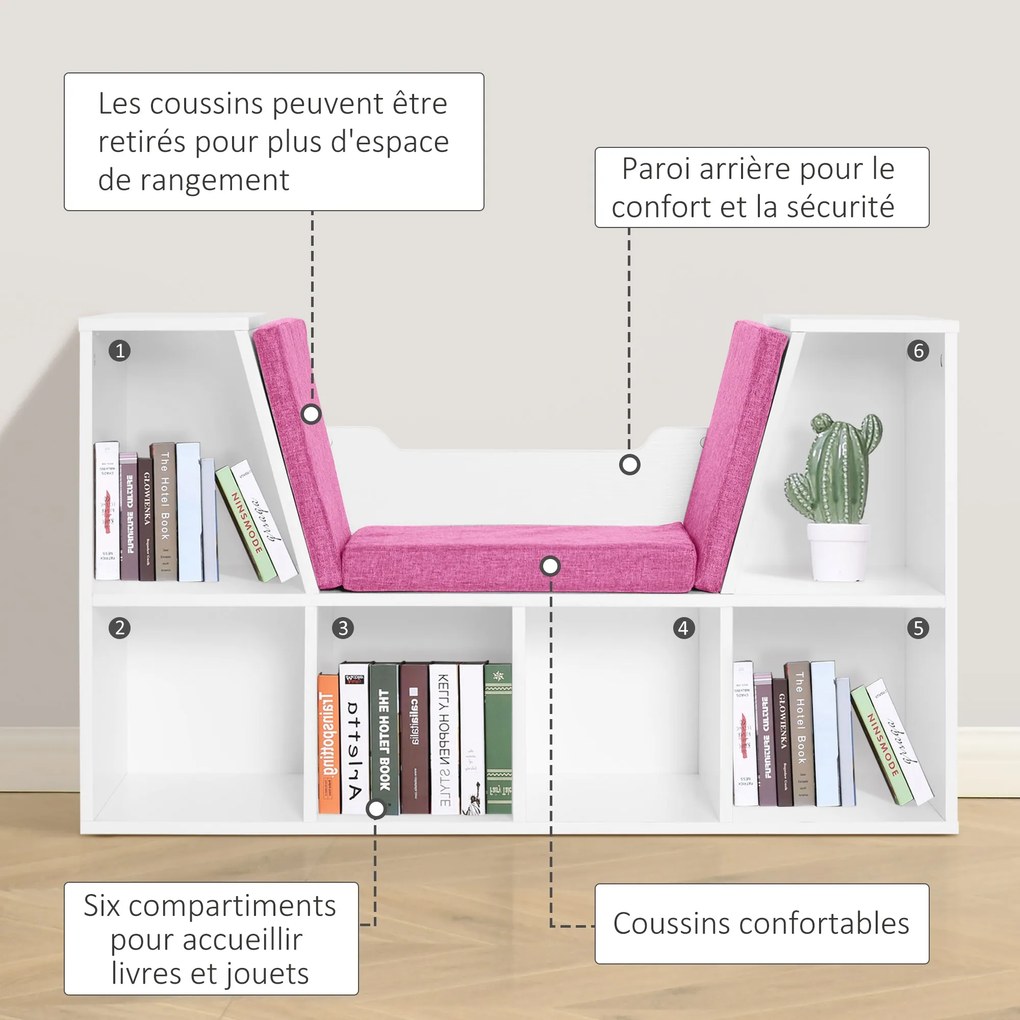 HOMCOM Moderní Design 2-v-1 Knihařská Lavice s 6 Úložnými Prostředky a 3 Polštářky 102L x 30W x 61H cm Bílá Růžová