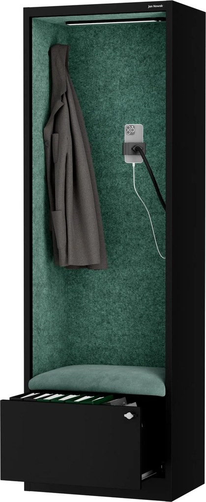 Kancelářská akustická kabina se sedátkem a USB-C portem, korpus černý / sedák zelený, 600 mm: SALLY MentalBox