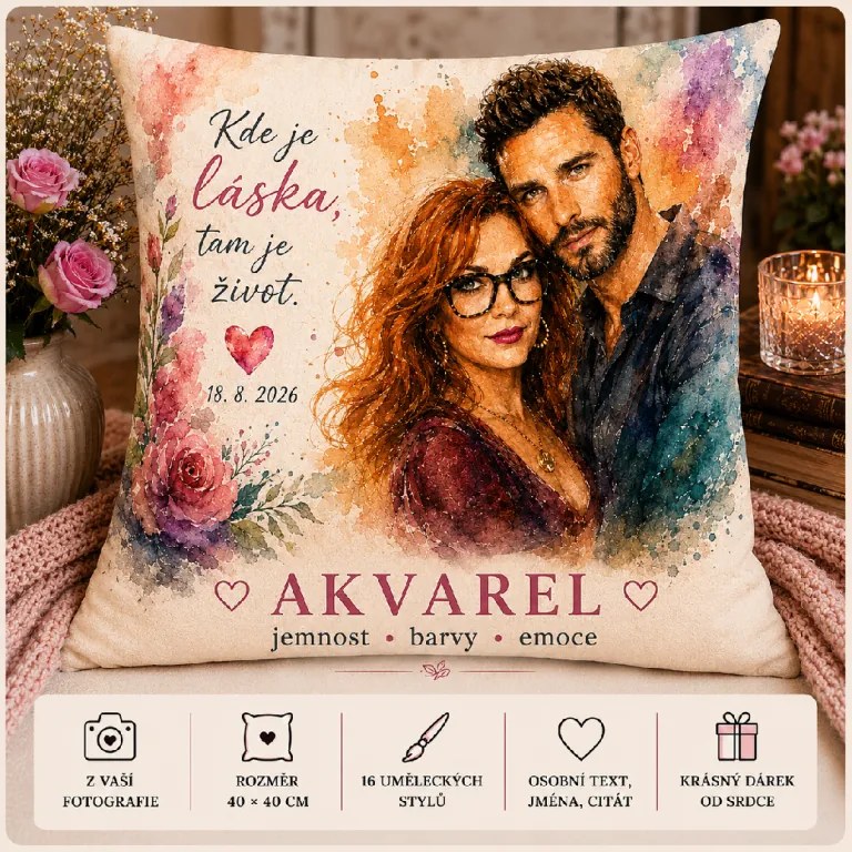 Personalizovaný polštář z fotografie – umělecký portrét 45 × 45 cm Styl portrétu:: Perokresba