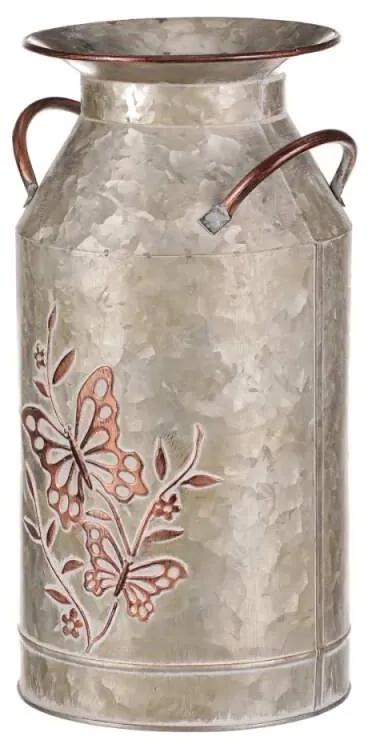 Plechová váza s měděnými motýlky- konev na mléko- 27 cm