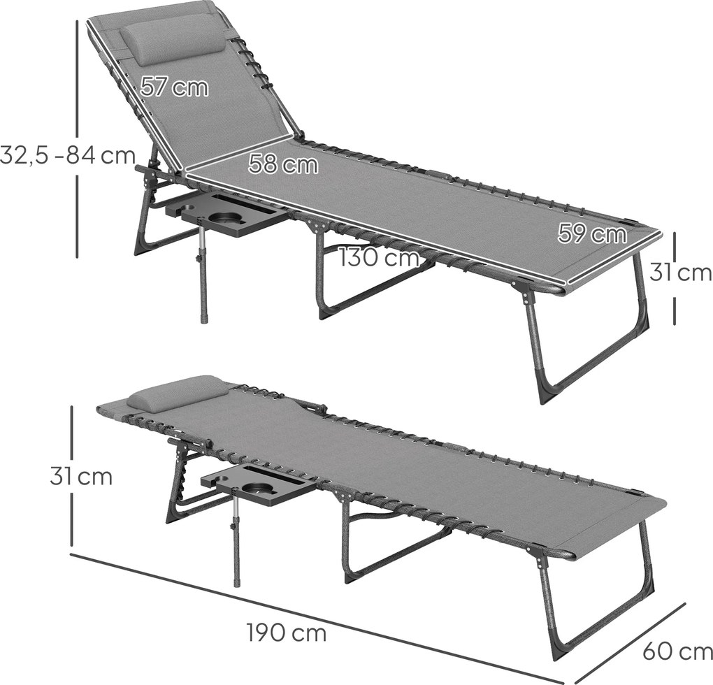 Skládací zahradní lehátko s polštářem pod hlavu, lehátko s 5 polohami nastavitelného opěradla do 120 kg