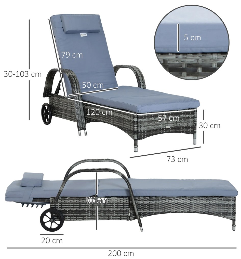 Zahradní nábytek Outsunny zahradní lehátko s poduškou, polyratan a kov, šedé, nastavitelné 200x73x30-103cm pro zahradu a terasu | Aosom.de