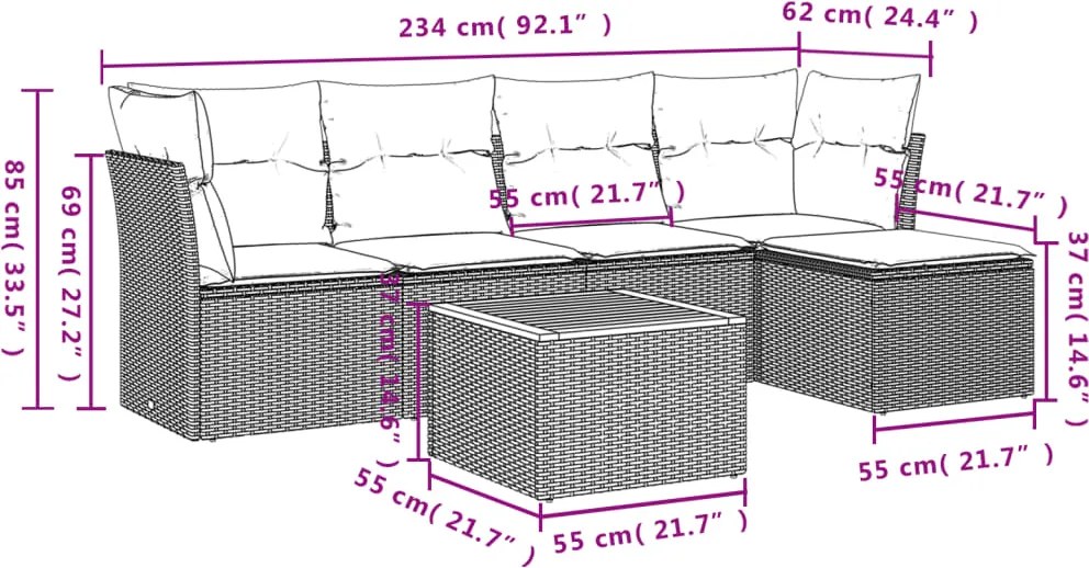 6dílná zahradní sedací souprava s poduškami černá polyratan 3223612