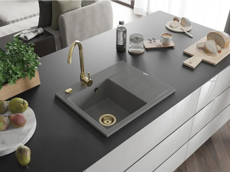 Mexen Ben, 1-komorový granitový dřez 600x500x190 mm, levý + zlatý sifon, šedá, 6522605000-71-G
