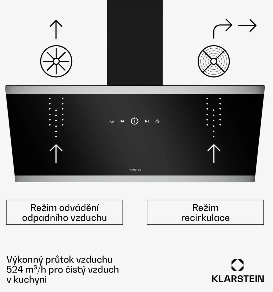 Klarstein FlashLine digestoř, A++, 524 m³/h, 3 úrovně, dotyková, tichá, LED, odsávání/recirkulace, 100 W