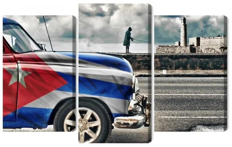 Vícedílný obraz Auto S Kubánskou Vlajkou V Ulicích Havany Nedostatek Nedostatek Plátno Canvas 90x60