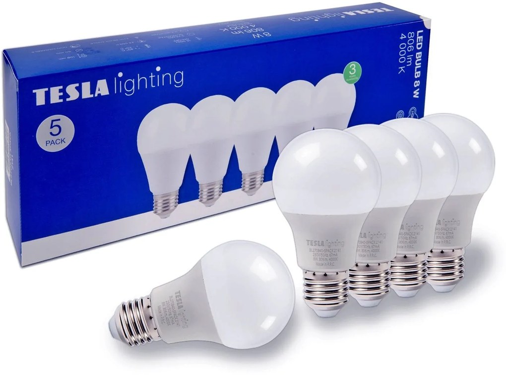 Led žárovka tesla - led žárovka bulb e27, 8w, 230v, 806lm, 25 000h, 4000k denní bílá, 220st 5ks v balení
