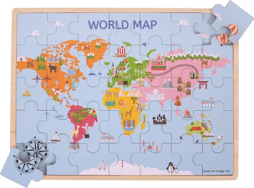Dřevěné puzzle WORLD MAP modré