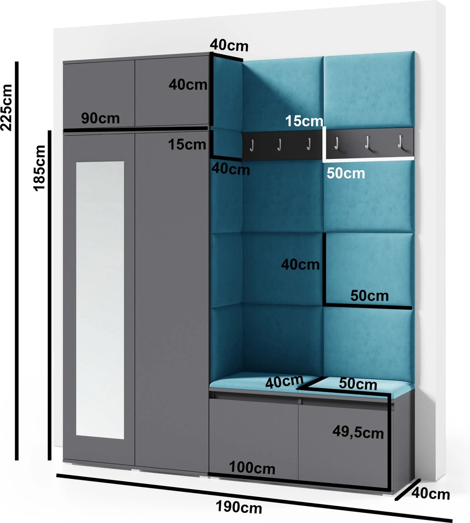 Eka Předsíňová stěna s čalouněnými panely Trinity 19 - Grafit / Azurová 2313