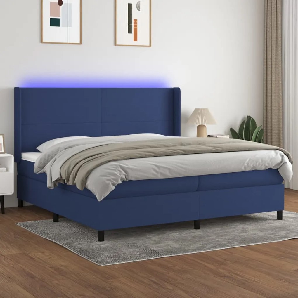 Box spring postel s matrací a LED modrá 200x200 cm textil