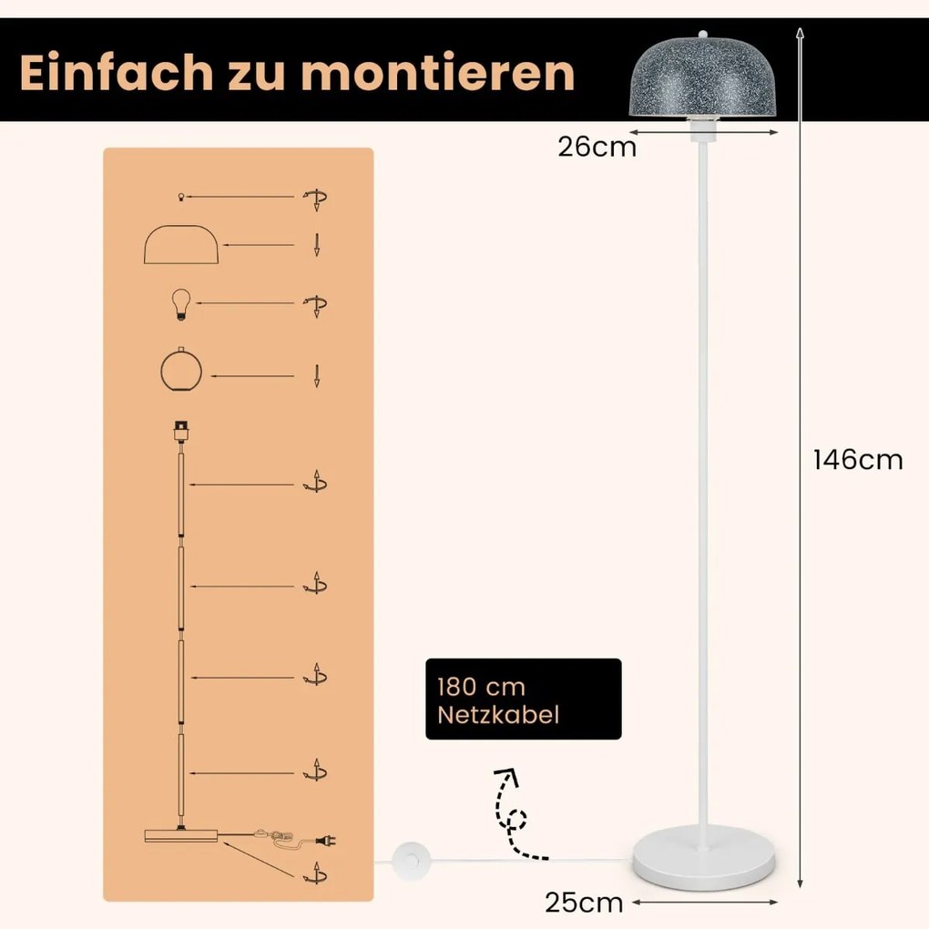 Costway Stojací lampa 146 cm s nožním spínačem a paticí E 27 a stínidlem lampy